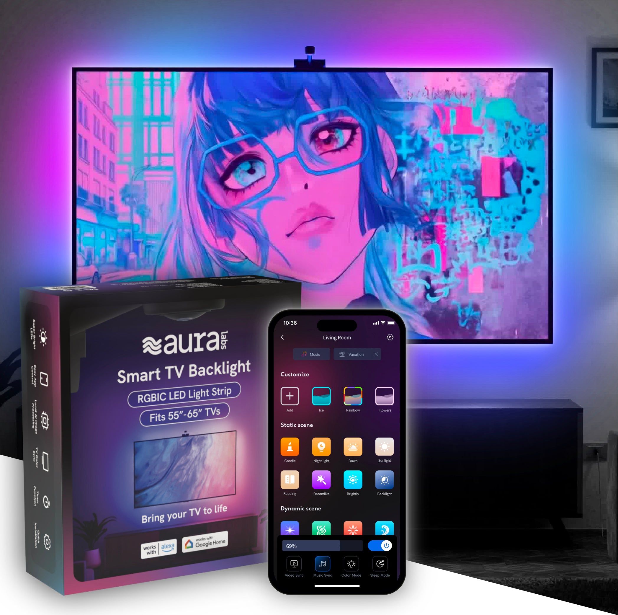 Aura Smart TV Backlight | Surround Lighting | Works w/Alexa & Google ...
